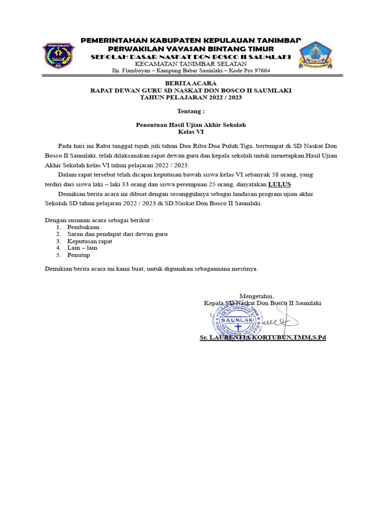 Berita Acara dan Daftar Hadir Rapat Penetuan Kelulusan kelas VI | PDF Berita Acara dan Daftar Hadir Rapat Penetuan Kelulusan kelas VI | PDF