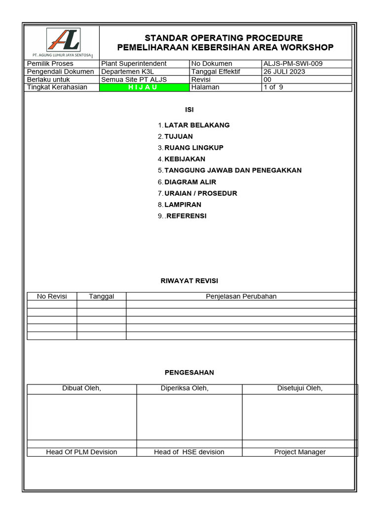ALJS-PM-SOP-009 Pemeliharaan Kebersihan Area Workshop | PDF