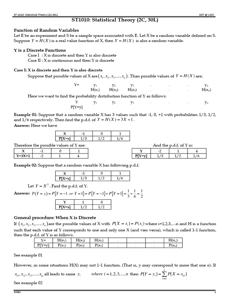 ST 1010 2020 Week 1-Function of Random Variables | PDF | Probability ...