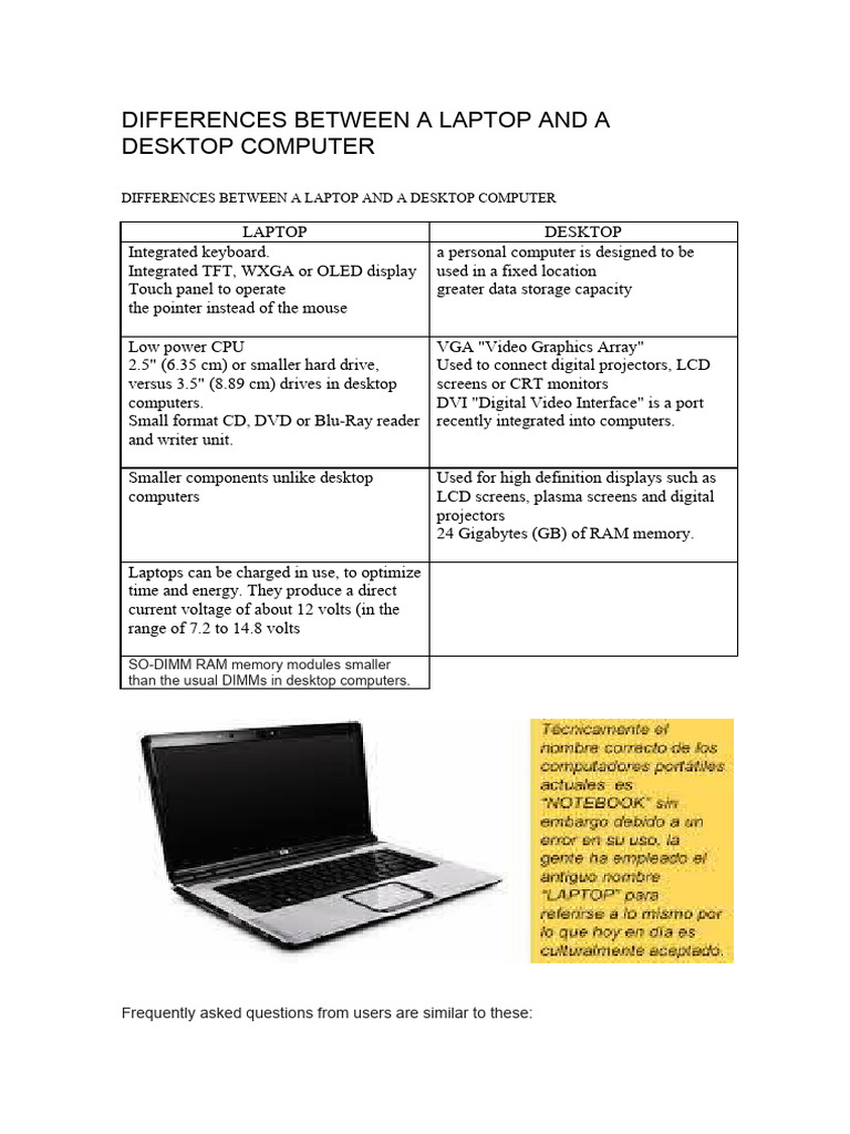 Differences Between A Laptop and A Desktop Computer | PDF