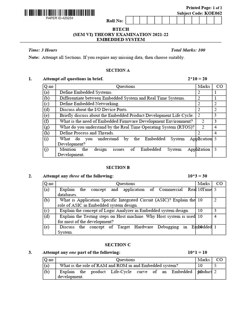 Btech Oe 6 Sem Embedded System Koe062 2022 | PDF | Embedded System | Computer Science