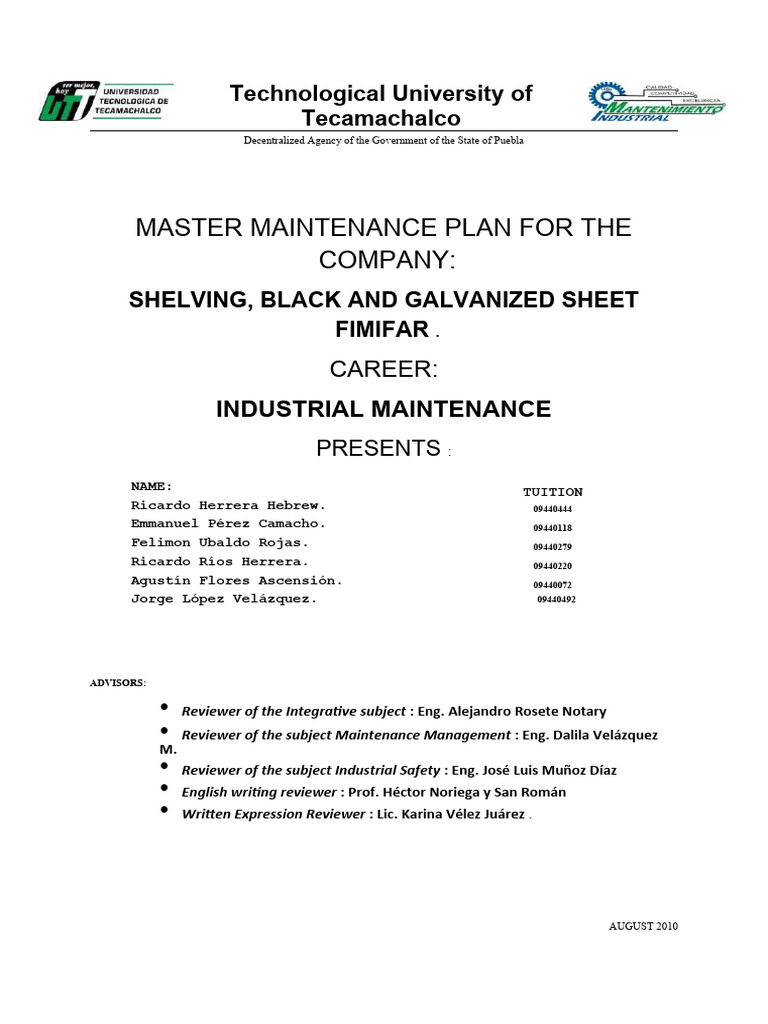 Example of Master Maintenance Plan | PDF | Reliability Engineering ...