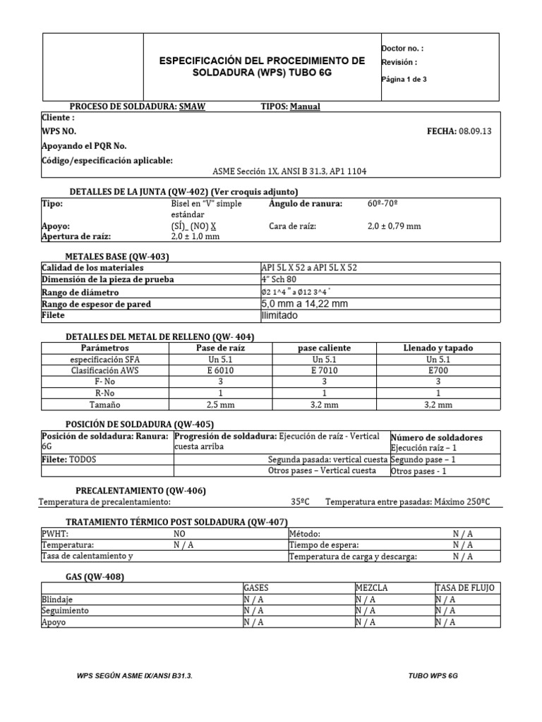 Especificación WPS para Tubo 6G | PDF | Soldadura | Construcción