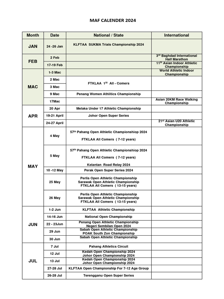 MAF Calender 2024 | PDF | Athletic Sports | Sports