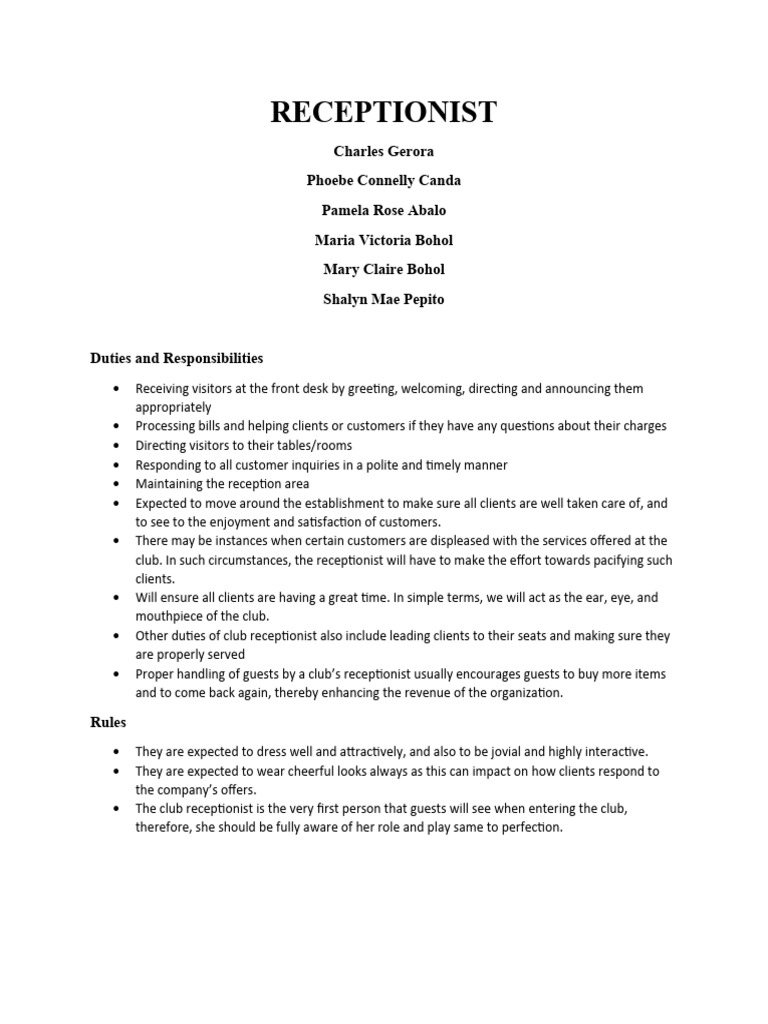RECEPTIONIST | PDF | Waiting Staff