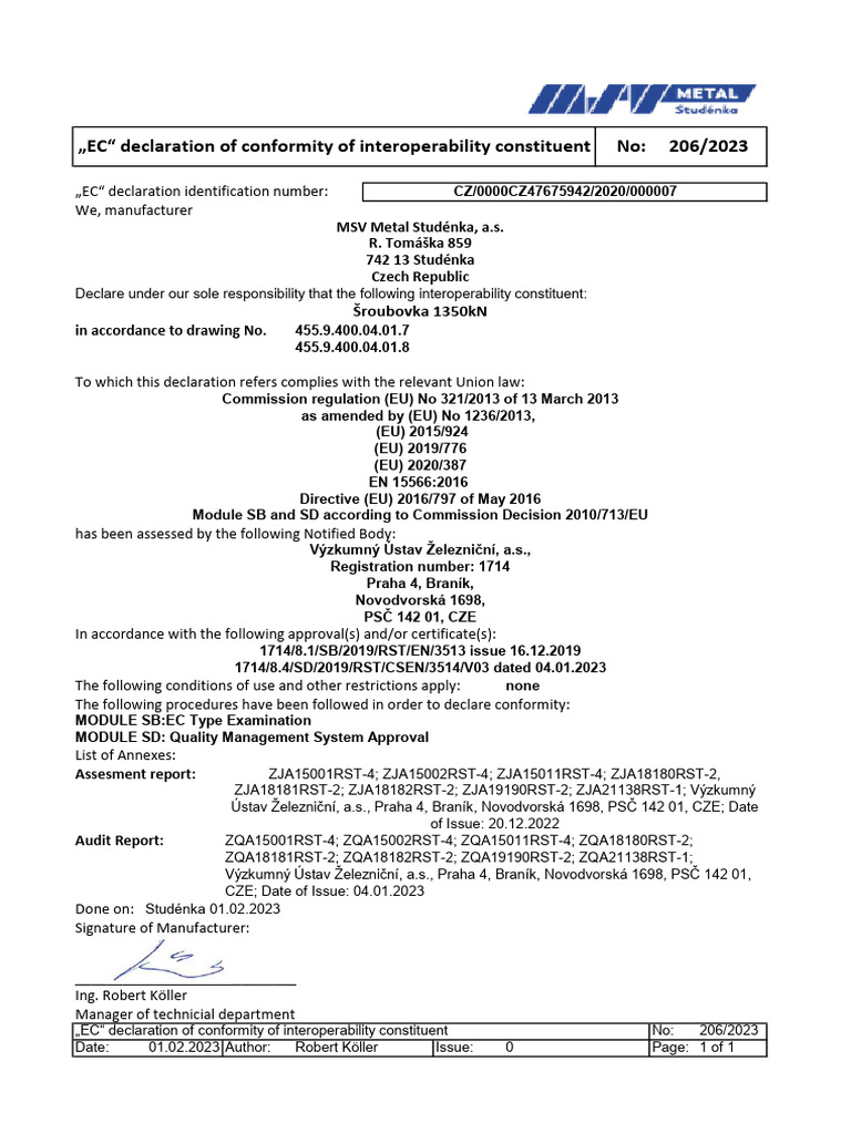 Declaration of Conformity No. 206 2023 Rev.0 Screw Coupling 1350kN ...