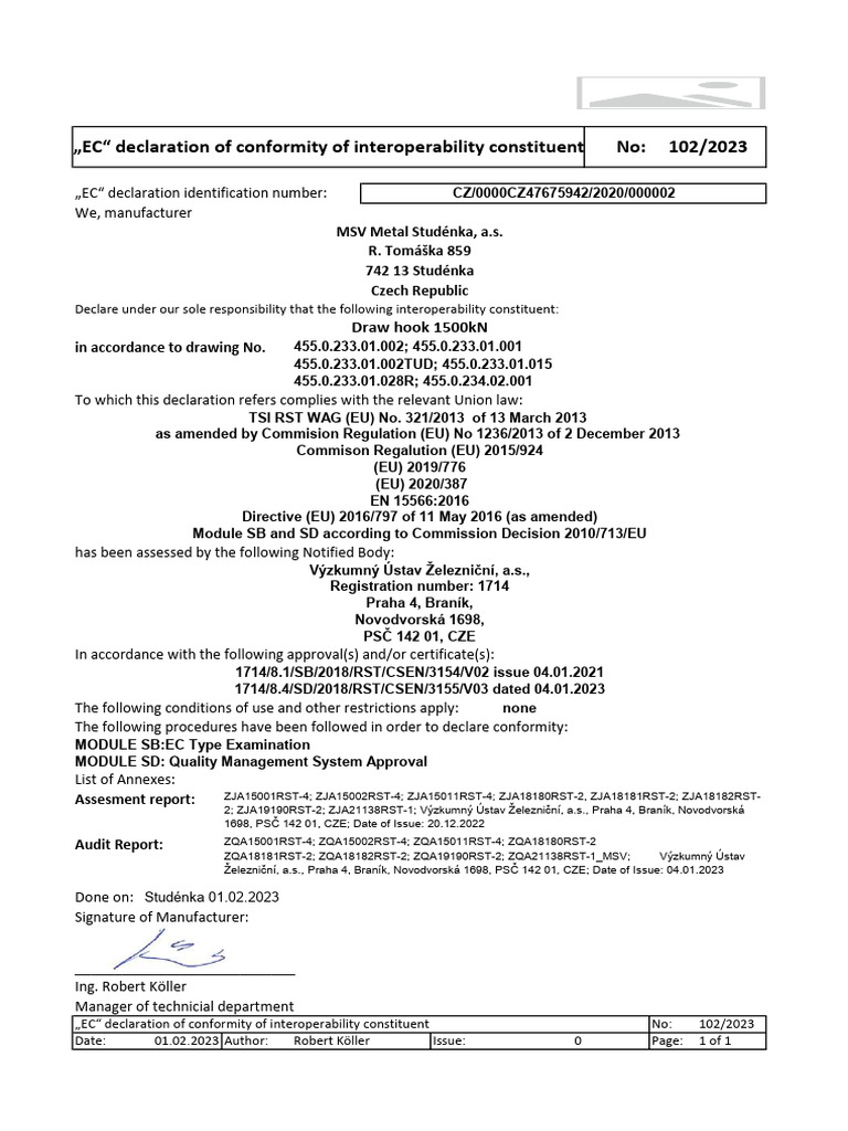 EC Declaration of Conformity 102/2023 | PDF | European Union | European ...