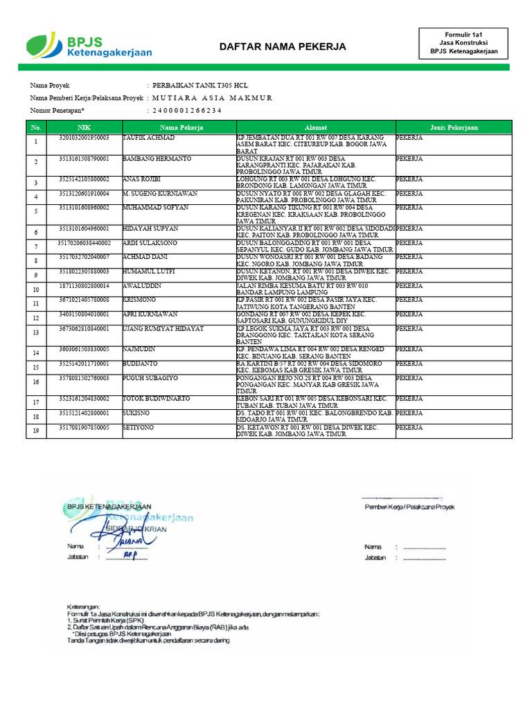 Formulir 1a1 Jasa Konstruksi BPJS Ketenagakerjaan edited-HCL | PDF