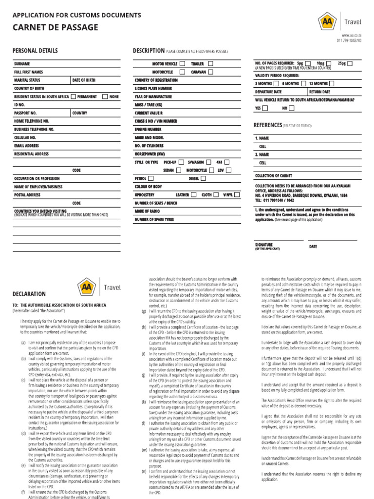 Carnet Application Form | PDF | Vehicle Technology | Vehicles