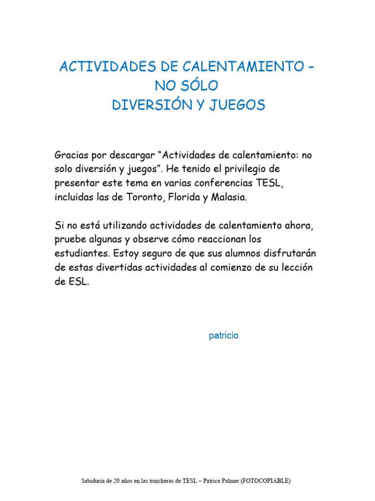 Las 20 Mejores Actividades de Calentamiento para El Aula de ESL | PDF ...