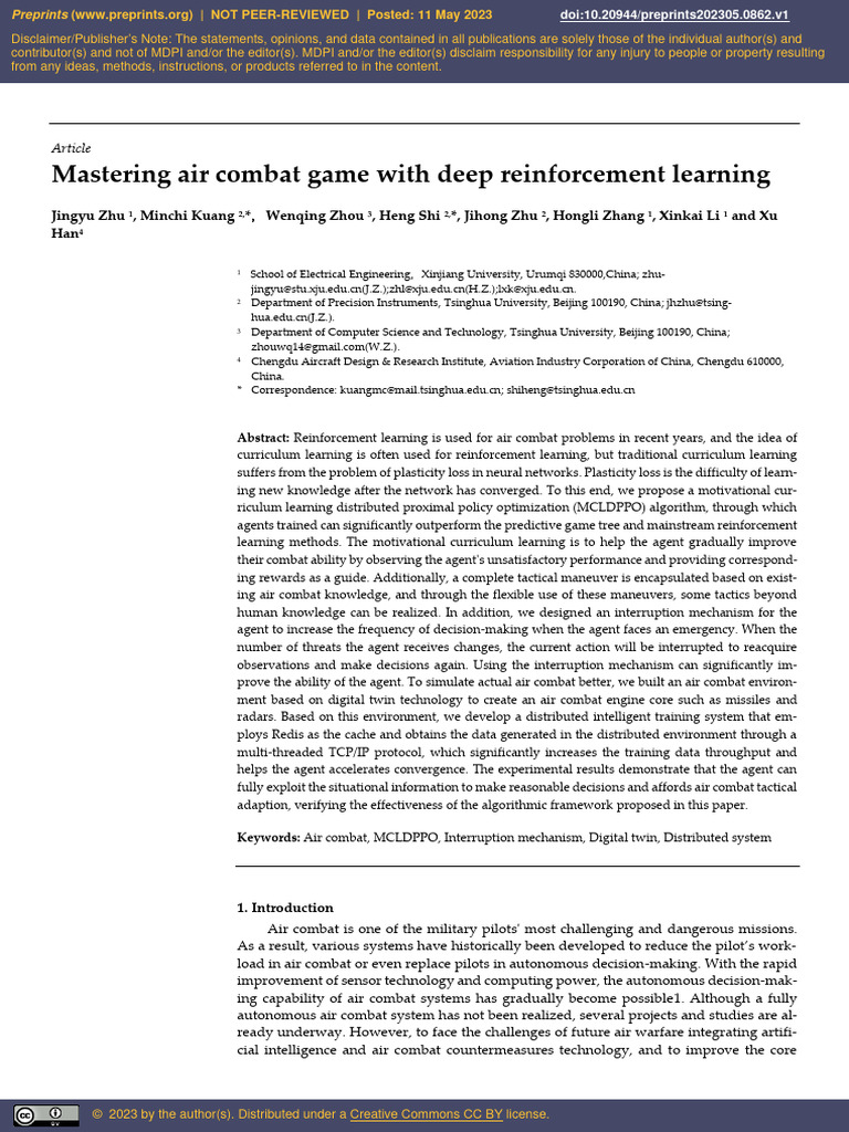 Mastering Air Combat Game With Deep Reinforcement Learning - 2023 - Zhu Et Al | PDF | Simulation ...