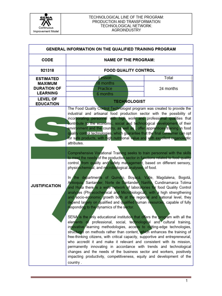 SENA Food Quality Control Program | PDF | Variance | Quality Management