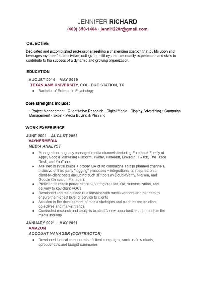 Media Analyst Resume for Jennifer Richard | PDF | Emergency Medical ...