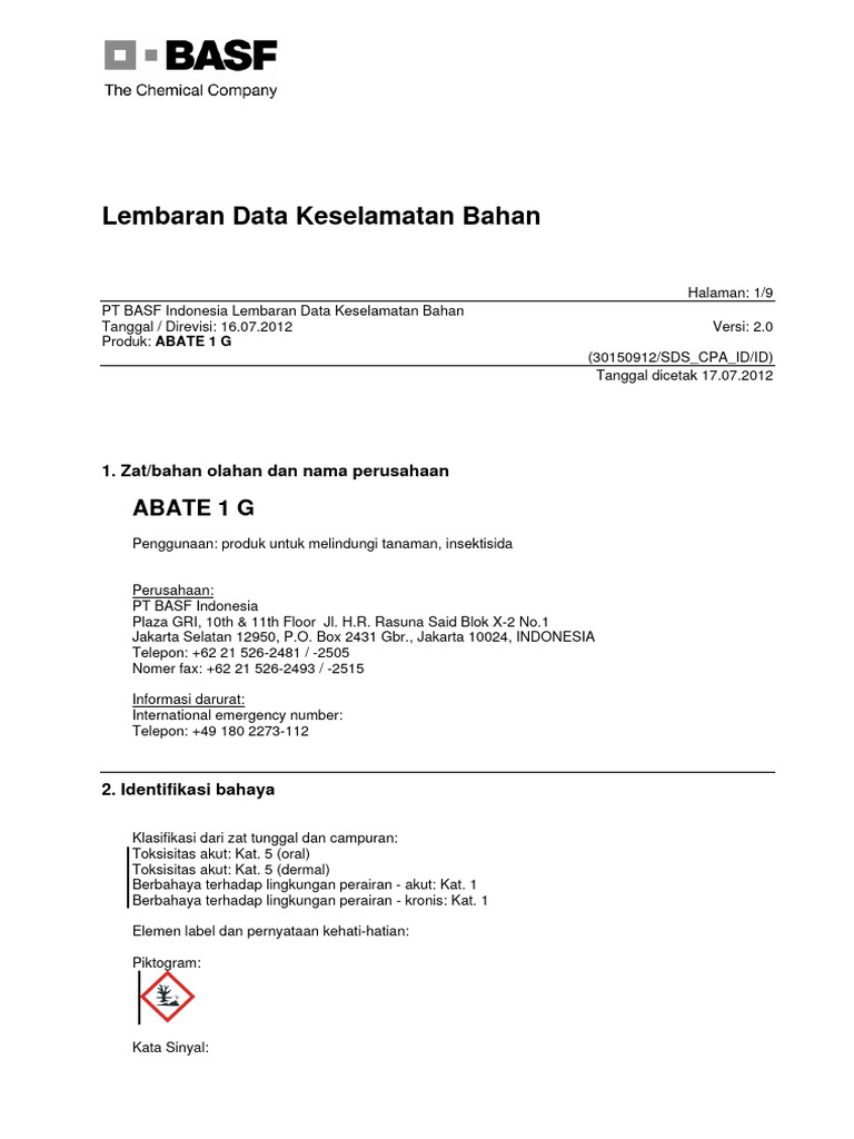 MSDS Abate 1G - Update 16 Jul 2012 | PDF | Pengembangan Diri | Kesehatan Holistik