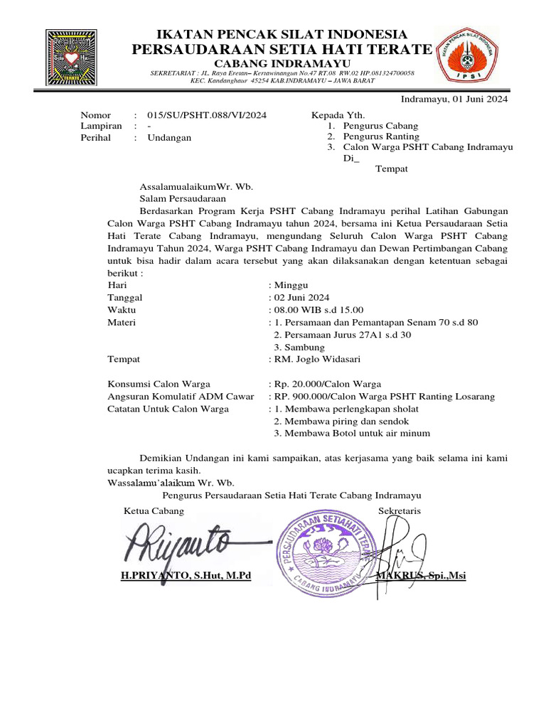 02 Juni Surat Undangan Latihan Gabungan Calon Warga PSHT Indramayu Di ...