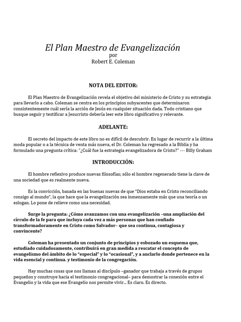 El Plan Maestro de Evangelización Coleman, Robert | PDF | Jesús | Juan el apóstol