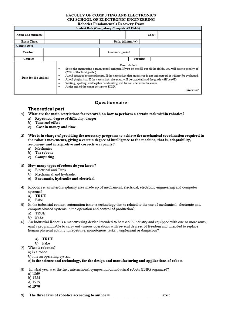Fail Exam Fundamentals of Robotics | PDF | Robot | Robotics