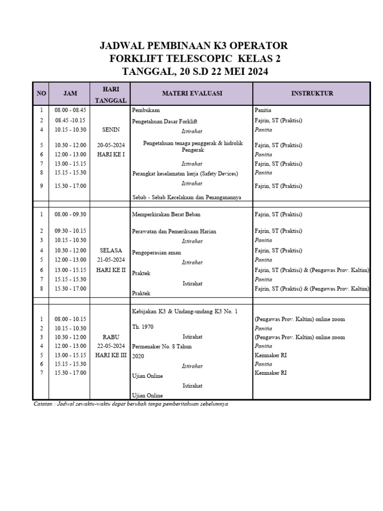Jadwal - Operator - Telescopic Forklift - 20 - S.D - 22 - Mei - 2024 | PDF