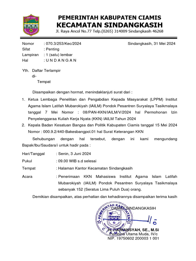 Surat Undangan Penerimaan KKN Mahasiswa Institut Agama Islam Latifah ... Surat Undangan Penerimaan KKN Mahasiswa Institut Agama Islam Latifah ...