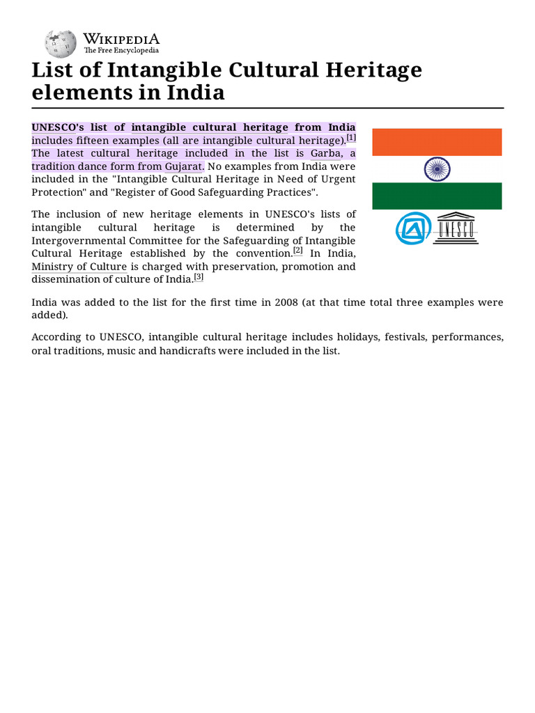 India's UNESCO Intangible Heritage List | PDF