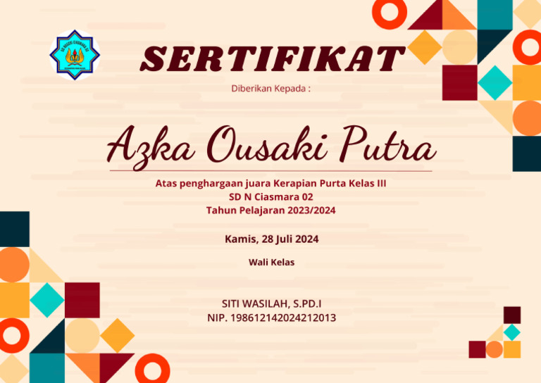 Putih Biru Sertifikat Piagam Penghargaan | PDF