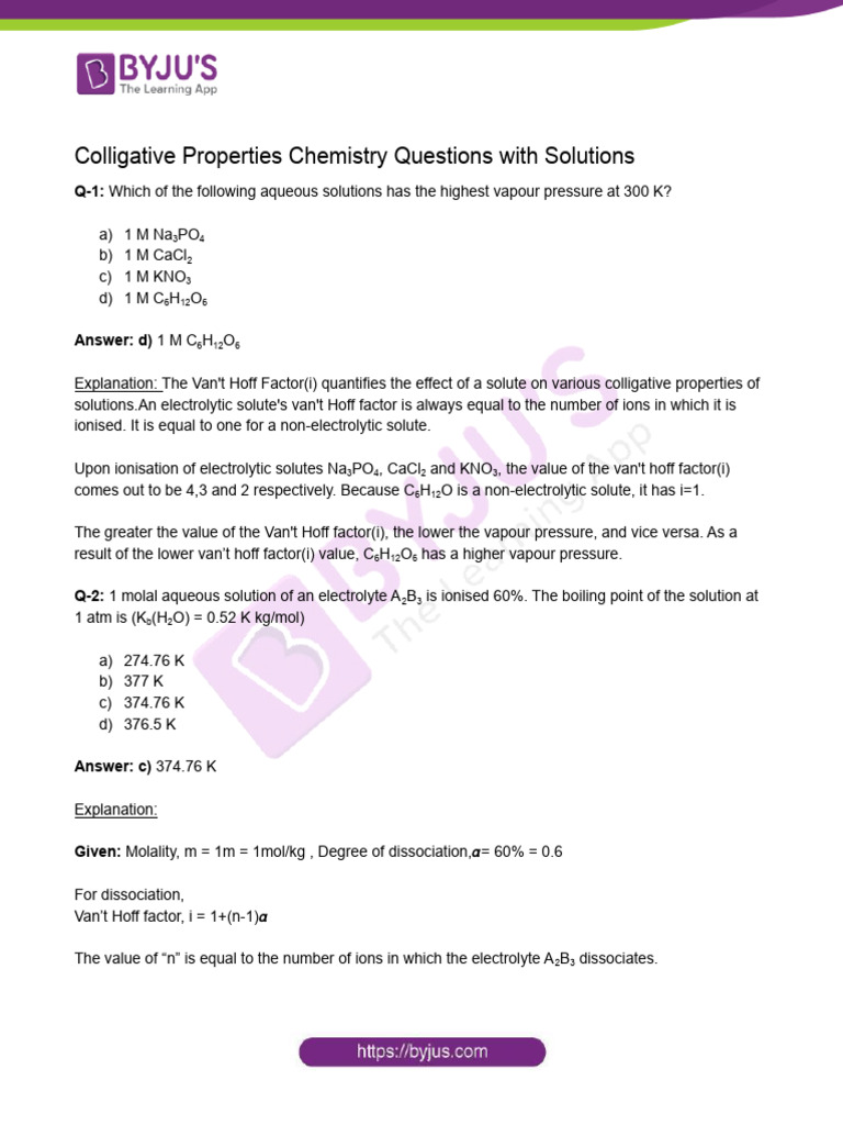 Colligative Properties Chemistry Questions With Solutions | PDF ...