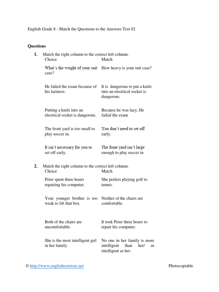 Grade 8 English: Match Questions & Answers | PDF