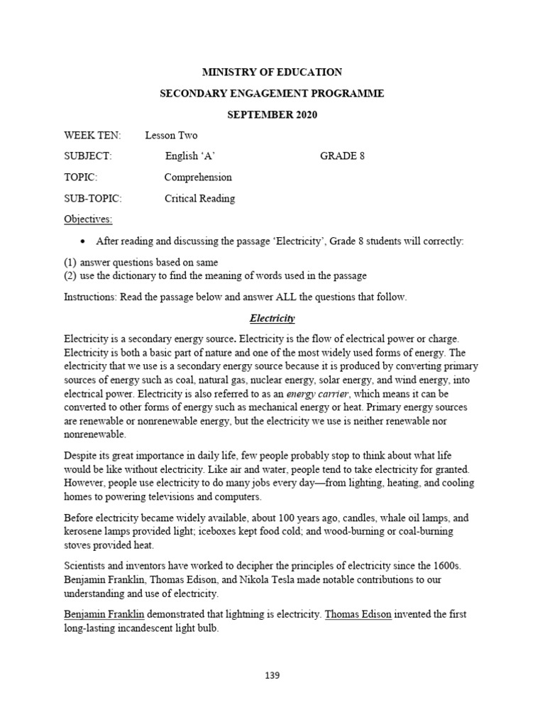 Grade 8 English Language Week 10 Lesson 2 | PDF | Electricity | Direct ...