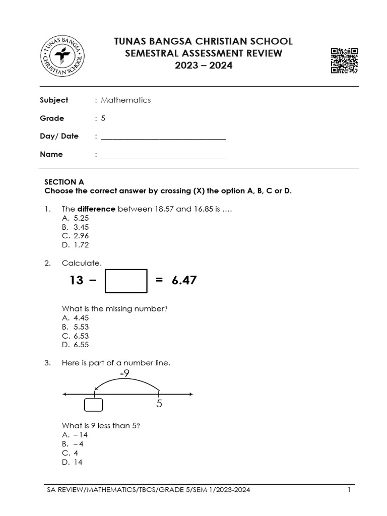 Review Soal SA Mathematics, Grade5, Sem1, 23-24 | PDF | Numbers | Arithmetic