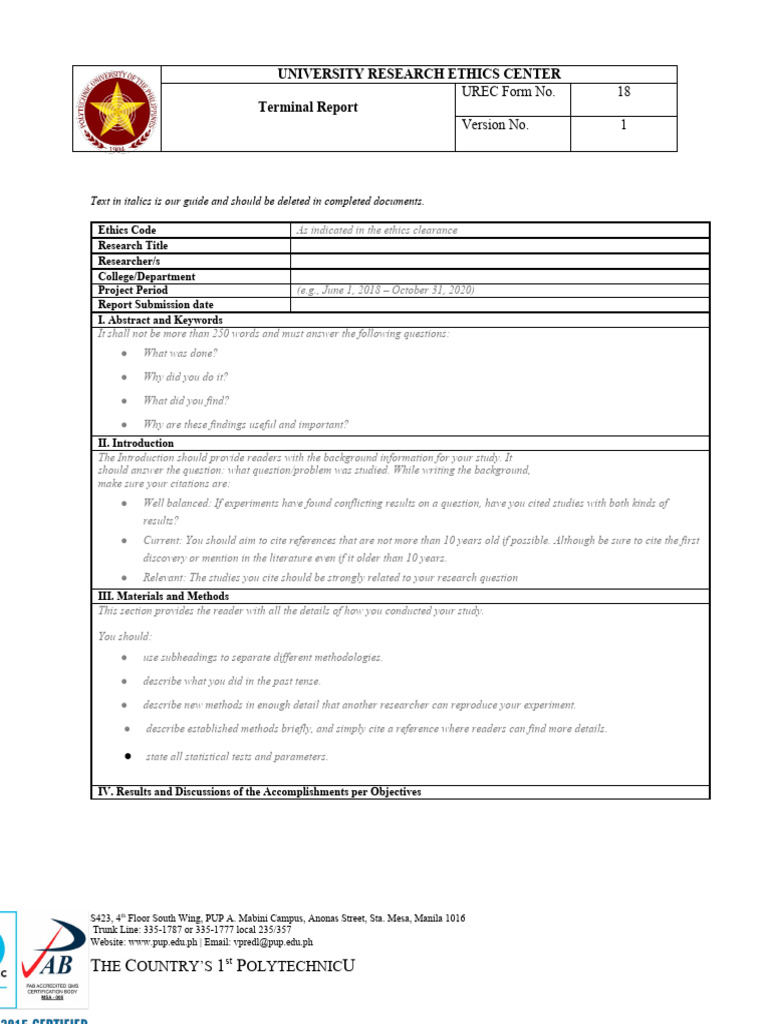UREC Form 18 Terminal Report Template | PDF | Scientific Method ...