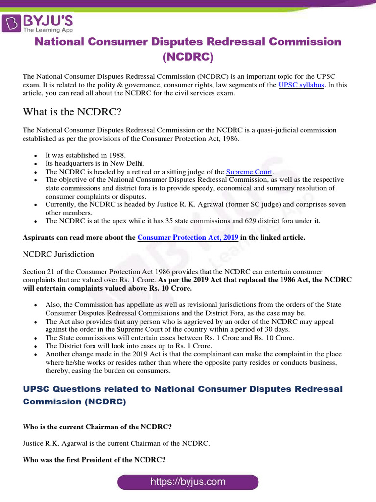 NCDRC Upsc Notes | PDF | Supreme Courts | Government Institutions