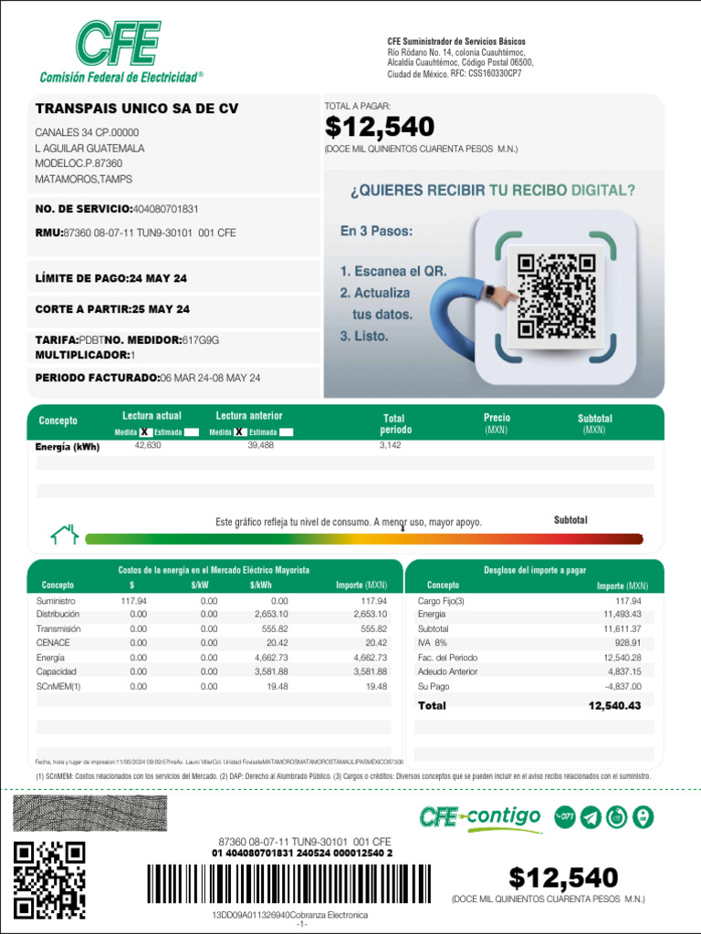 Transpais Unico Sa de CV: Concepto Periodo Subtotal Lectura Actual ...