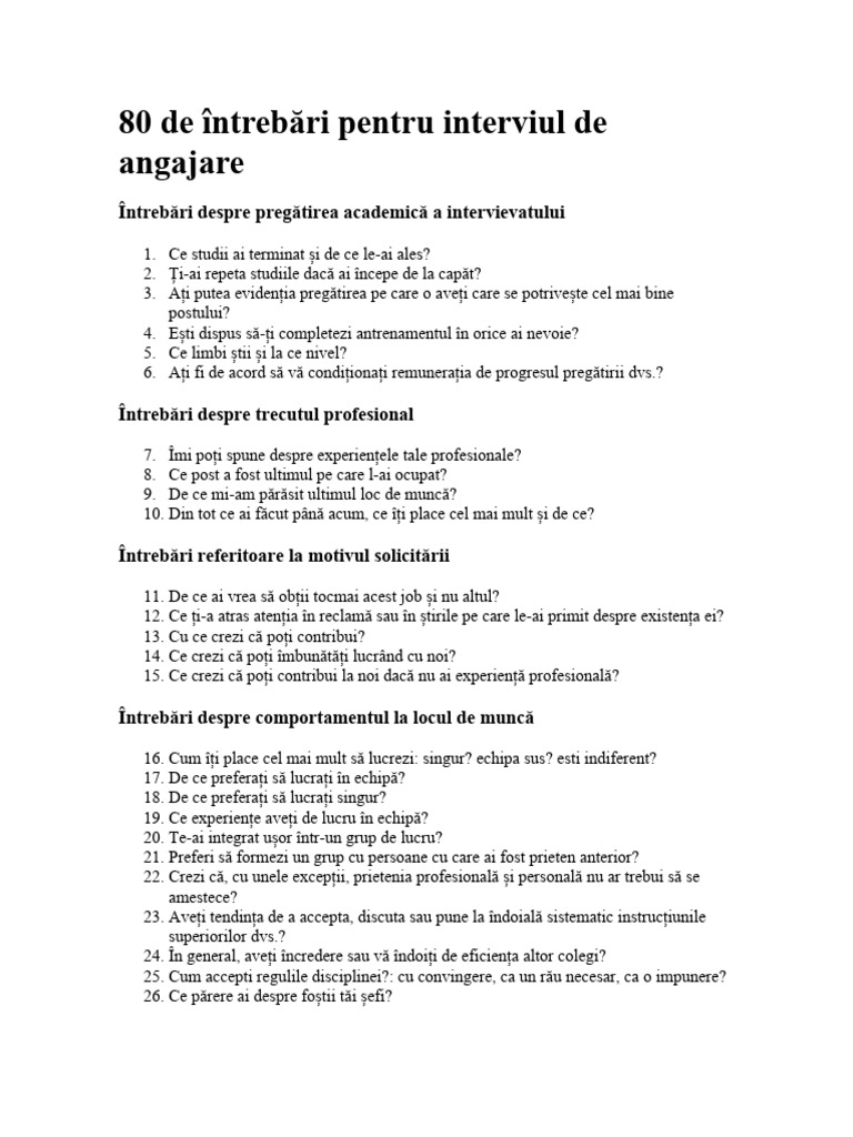 80 de Întrebări Pentru Interviul de Angajare | PDF
