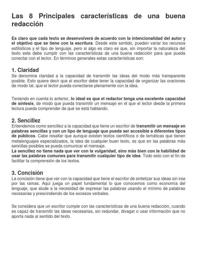 Las 8 Principales Características de Una Buena Redacción | PDF ...
