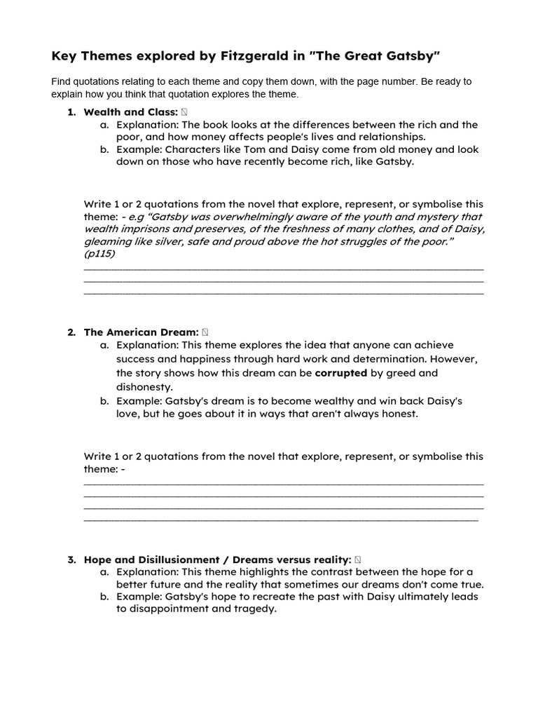 Key Themes Explored by Fitzgerald in - The Great Gatsby | PDF | The ...