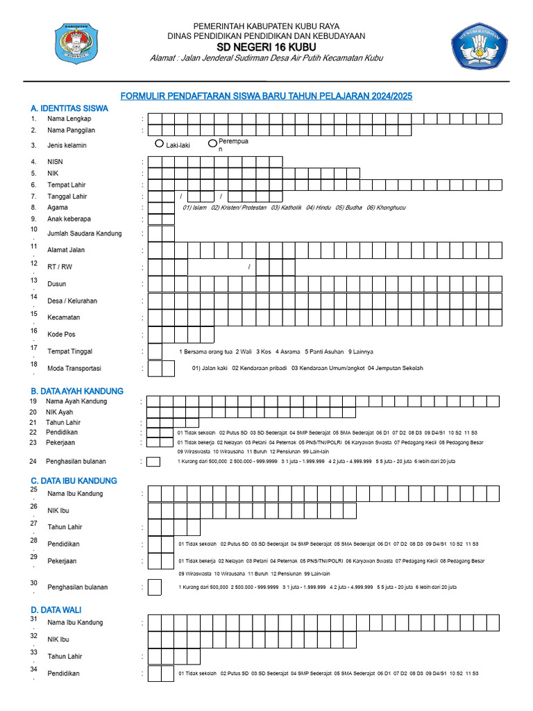 Formulir Pendaftaran PPDB SD 16 Kubu THN 2024 | PDF