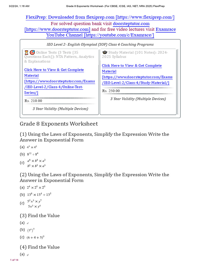 Grade 8 Exponents | PDF | Multiplication | Exponentiation