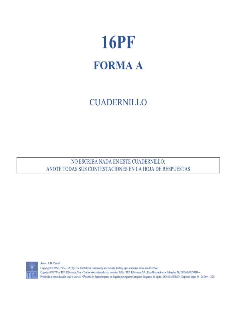 Cuadernillo de Preguntas Test 16-PF | PDF Cuadernillo de Preguntas Test 16-PF | PDF