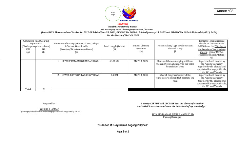 Annex C - Barangay BaRCO Monthly Monitoring Report Template With PBs ...