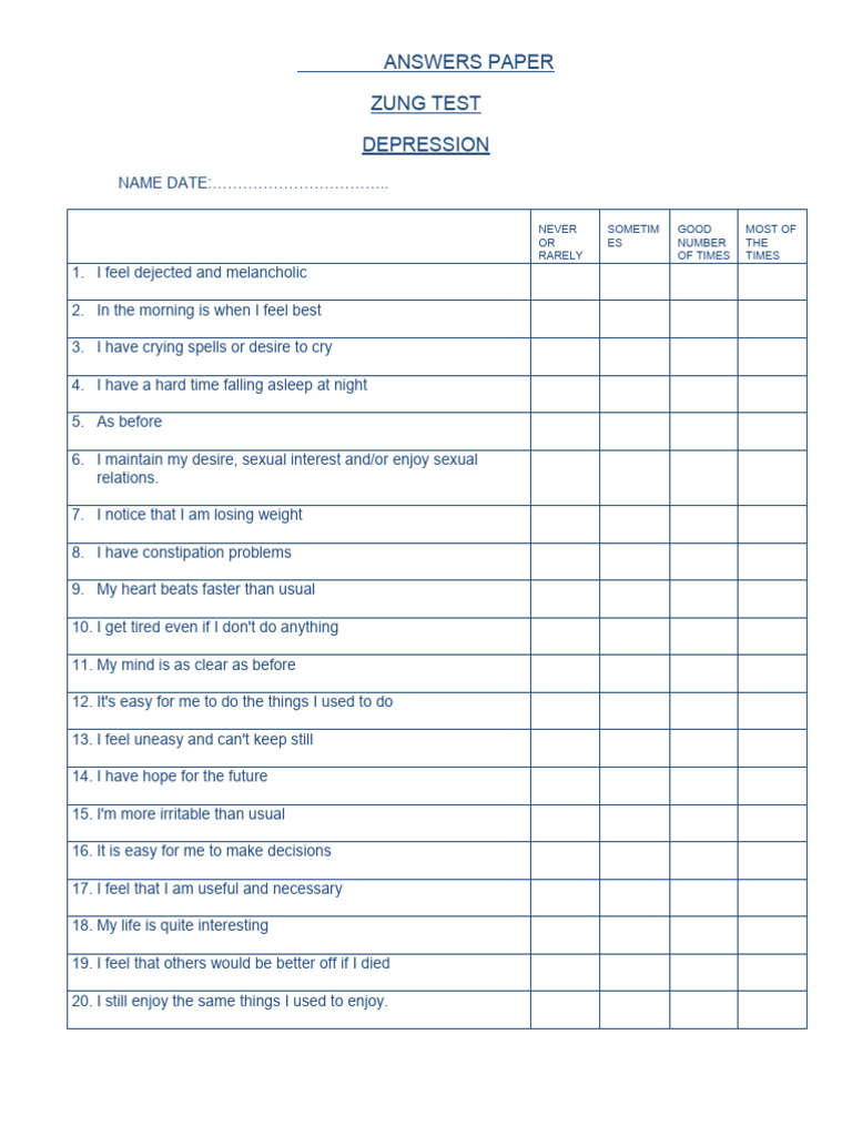 Zung Depression Self-Assessment Scale | PDF | Major Depressive Disorder ...