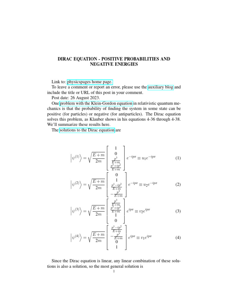 Dirac Equation - Positive Probabilities and Negative Energies | PDF ...