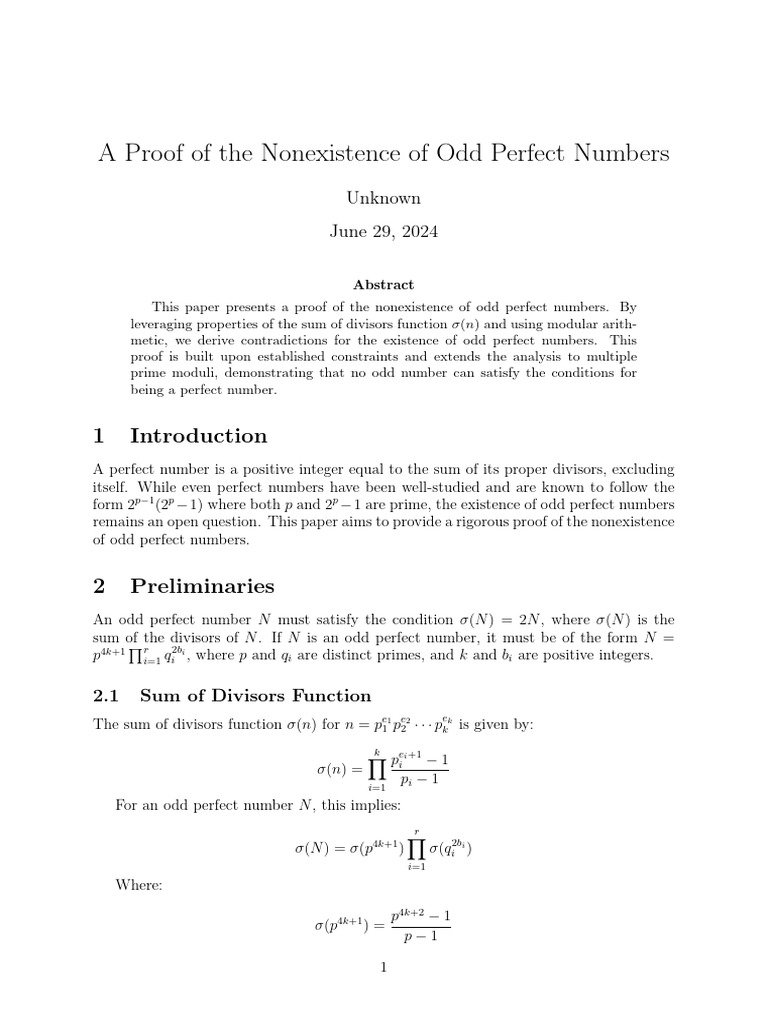 Proof of Nonexistence of Odd Perfect Numbers | PDF | Number Theory ...