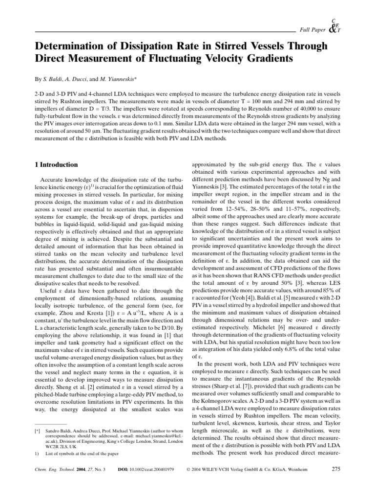 Determination of Dissipation Rate in Stirred Vessels Through Direct ...