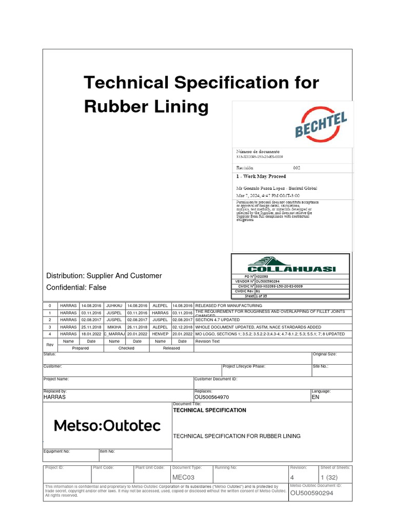 Technical Specification For Rubber Lining: Distribution: Supplier and Customer Confidential ...