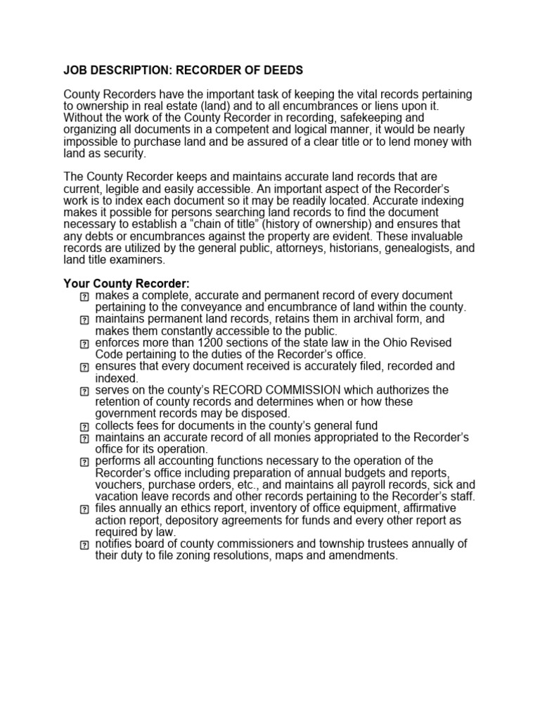 Job Description Recorder of Deeds | PDF | Deed | Common Law