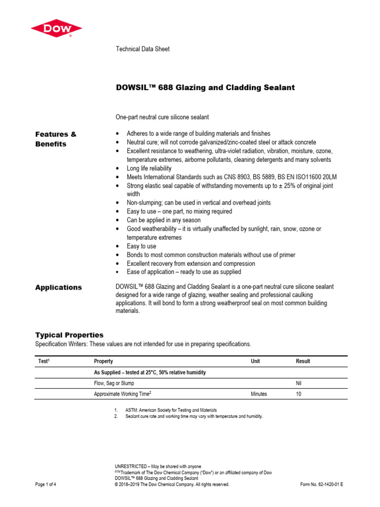 Dowsil 688 Glazing Cladding Sealant | PDF | Silicone | Dow Chemical Company