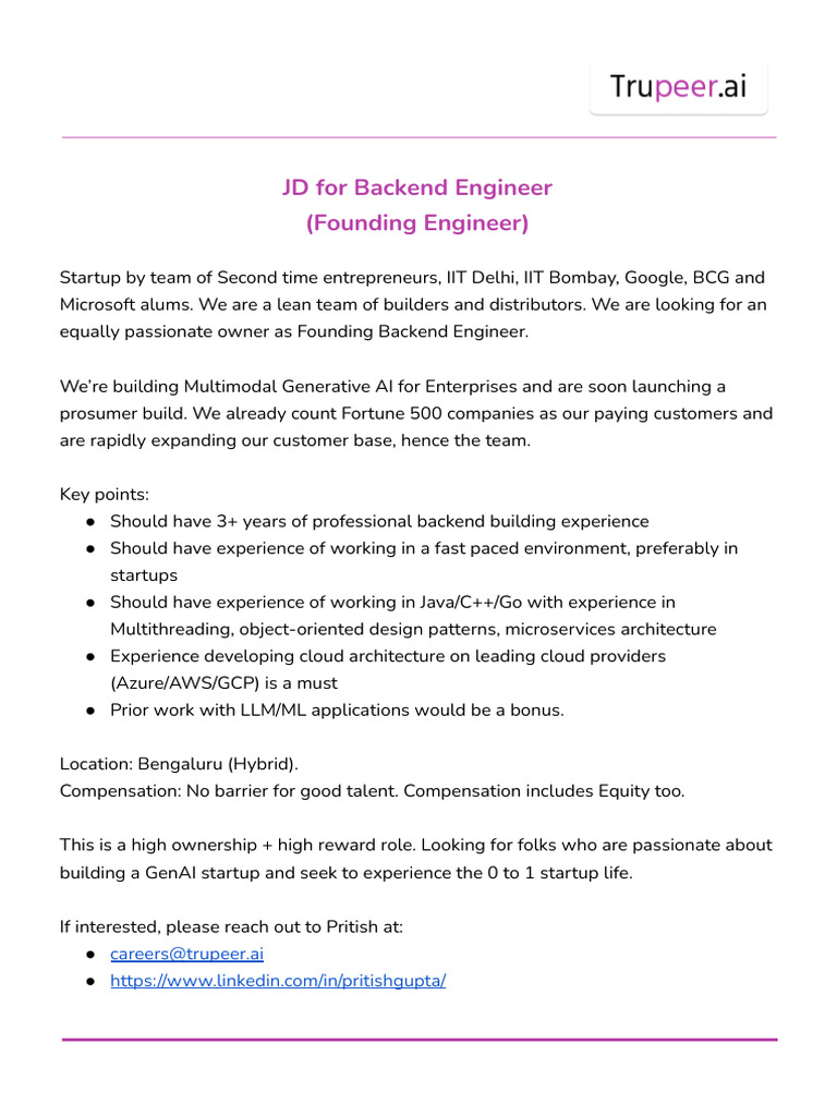 JD - Founding Backend - Trupeer - Ai | PDF | Career & Growth | Business