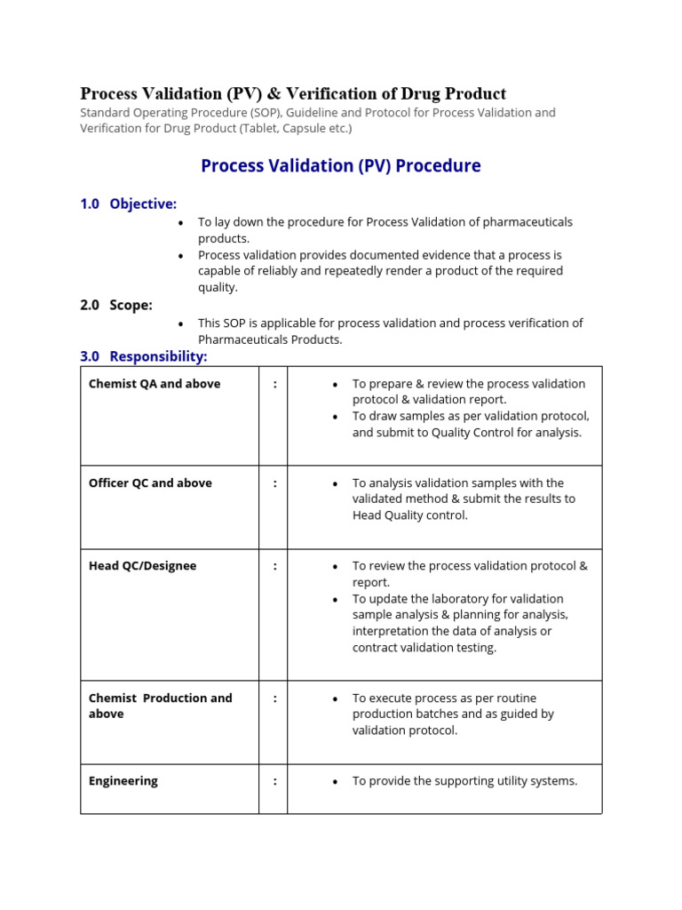 Process Validation (PV) & Verification of Drug Product SOPs | PDF ...