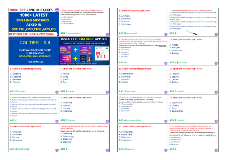 Spelling Errors in SSC CGL Exams | PDF