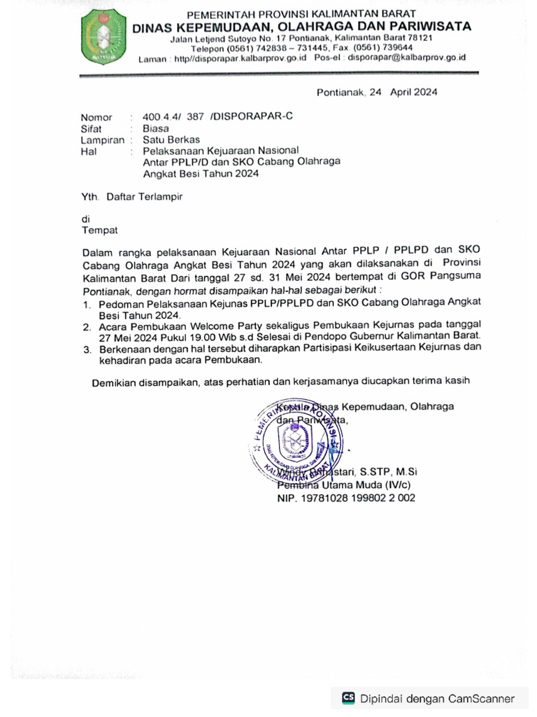 Surat Kejurnas Antar PPLP D Dan SKO Cabang Angkat Besi TH 2024 | PDF